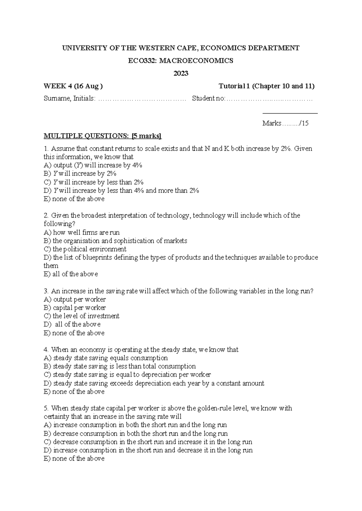 ECO332 Tutorial 1 Student 2023-1 - UNIVERSITY OF THE WESTERN CAPE ...