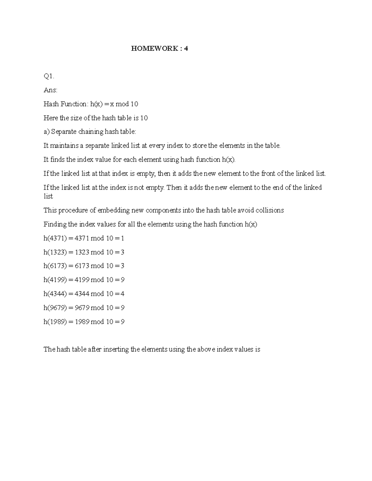Homework 4 - Assignments - HOMEWORK : 4 Q1. Ans: Hash Function: h(x) = x mod 10 Here the size of ...