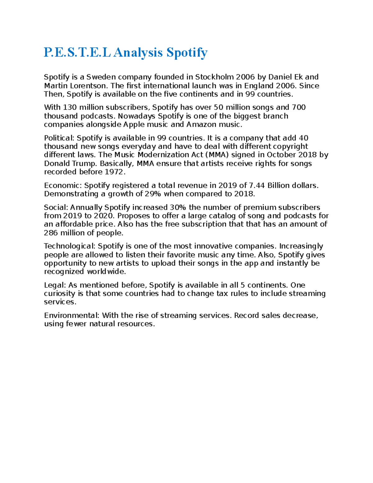Pestel analysis spotify - P.E.S.T.E Analysis Spotify Spotify is a ...