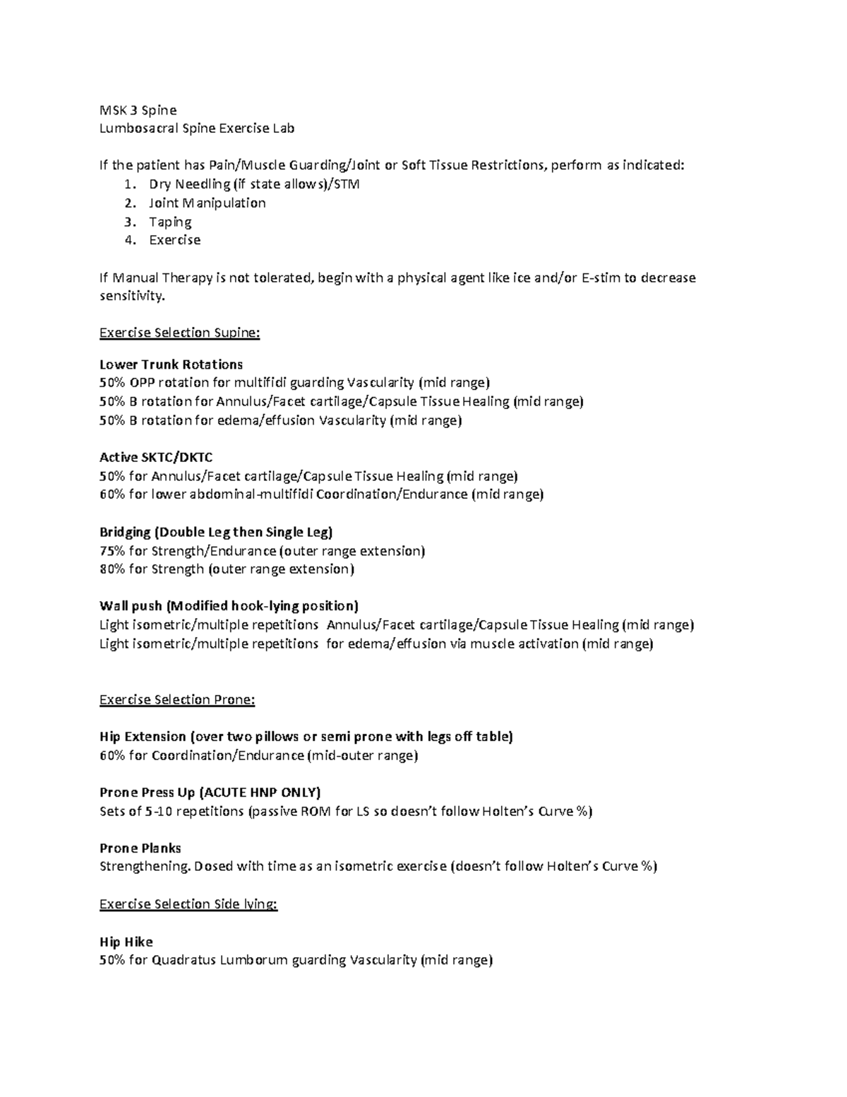Lumbar exercises - MSK 3 Spine Lumbosacral Spine Exercise Lab If the ...