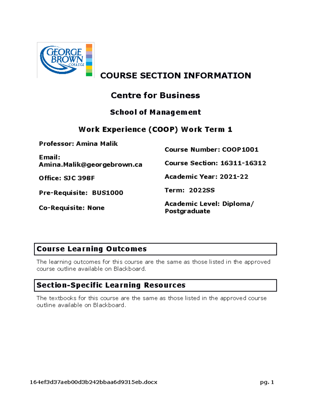 COOP1001 - Work Experience (COOP) Work Term 16311-12 - COURSE SECTION ...
