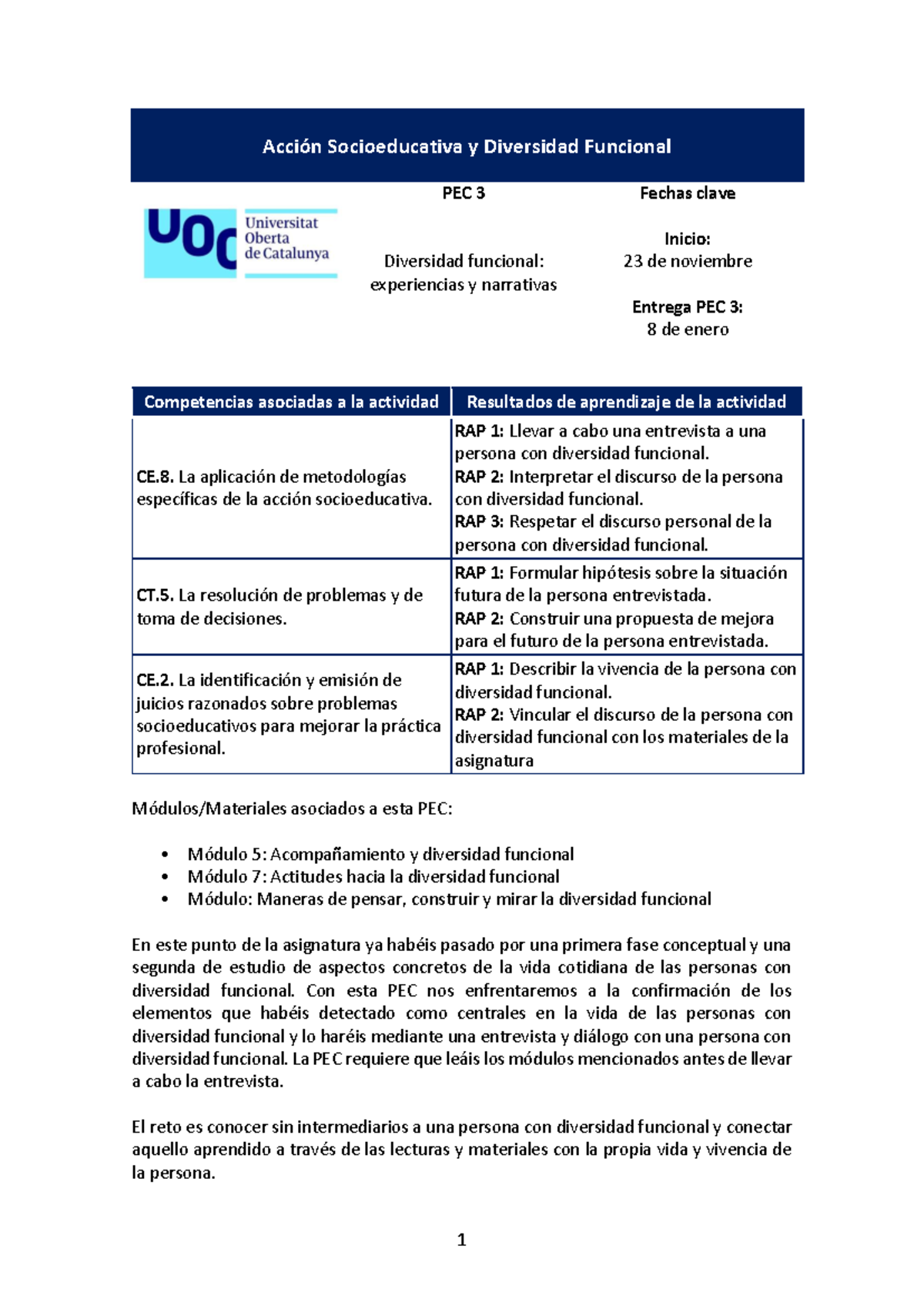 PEC 3 SEP 2023 - Enunciado pec 3 - Acción Socioeducativa y Diversidad ...