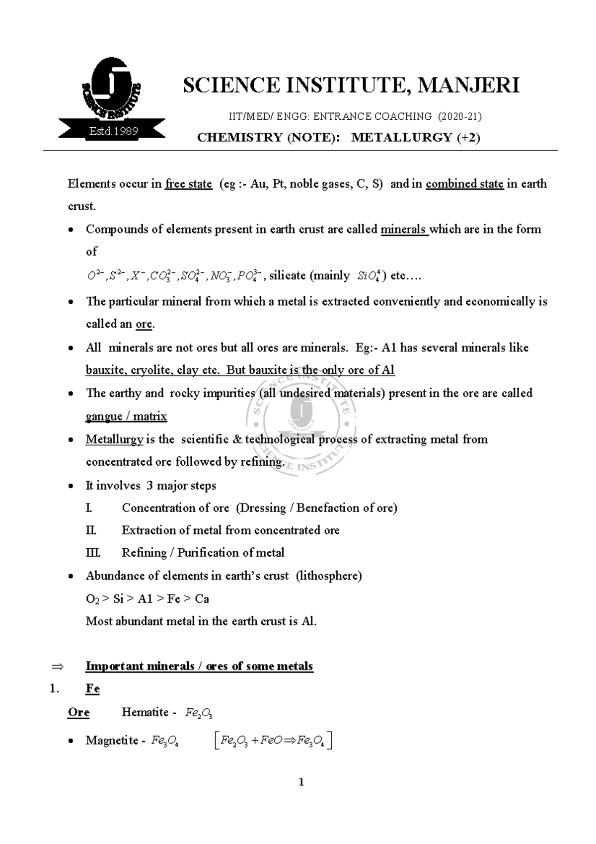 Chemistry – Note- Metallurgy – AKR sir +1 Autosaved - SCIENCE INSTITUTE ...