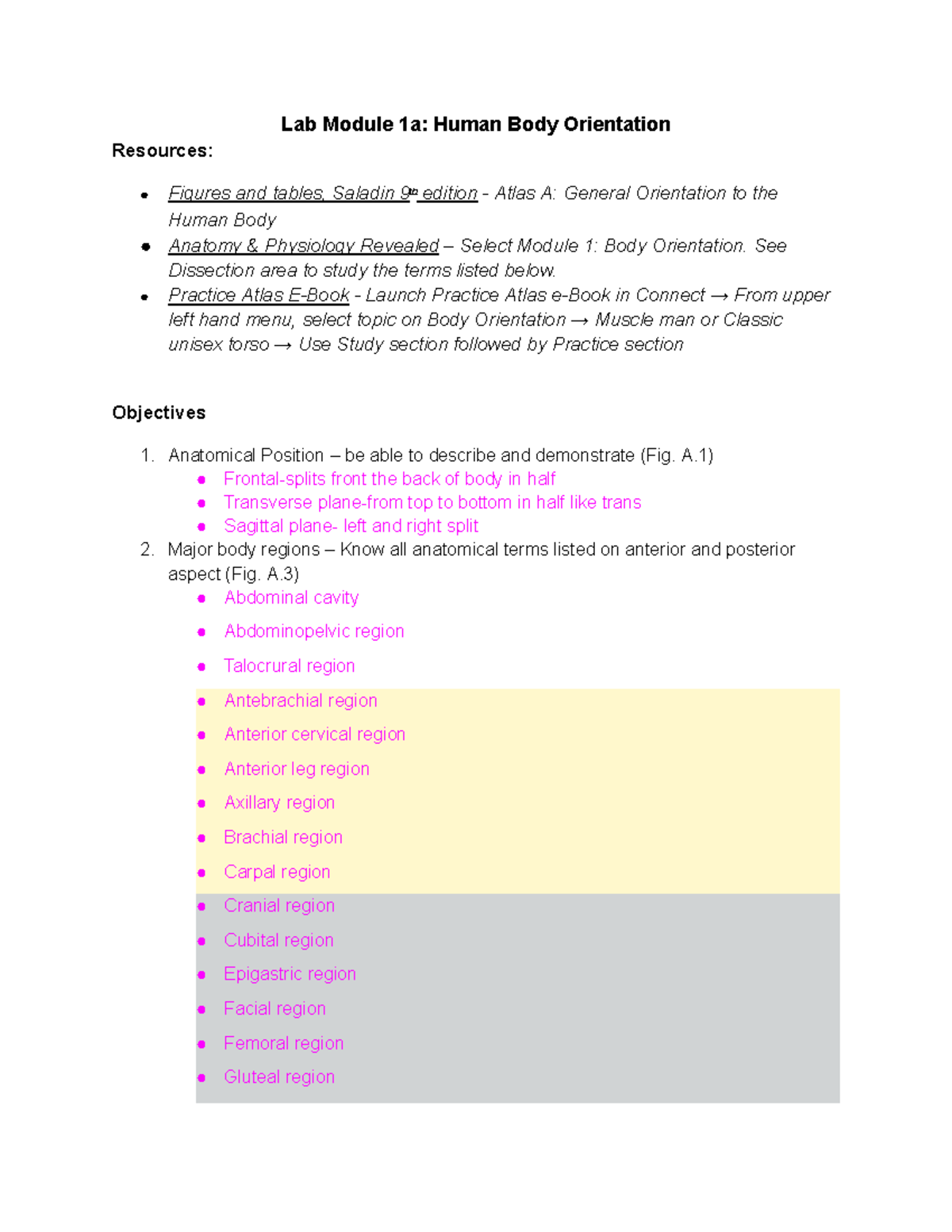 Lab exam one study guid - Lab Module 1a: Human Body Orientation ...