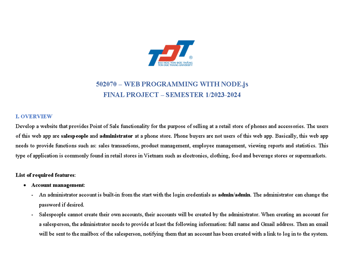 Web Programming with Node - 502070 – WEB PROGRAMMING WITH NODE FINAL PROJECT – SEMESTER 1 /202 3 ...