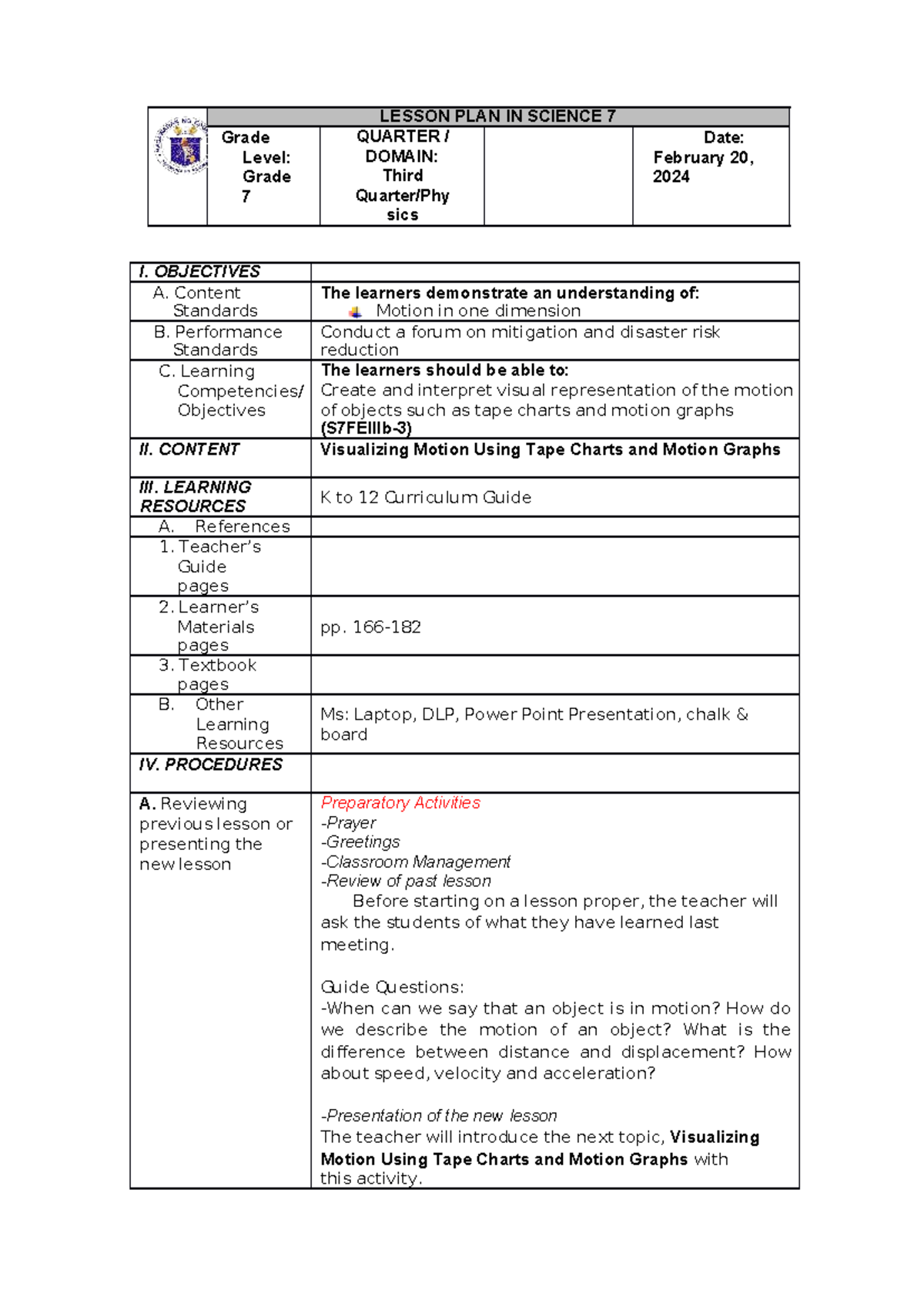 COT motion graphs 3rd quarter - LESSON PLAN IN SCIENCE 7 Grade Level ...