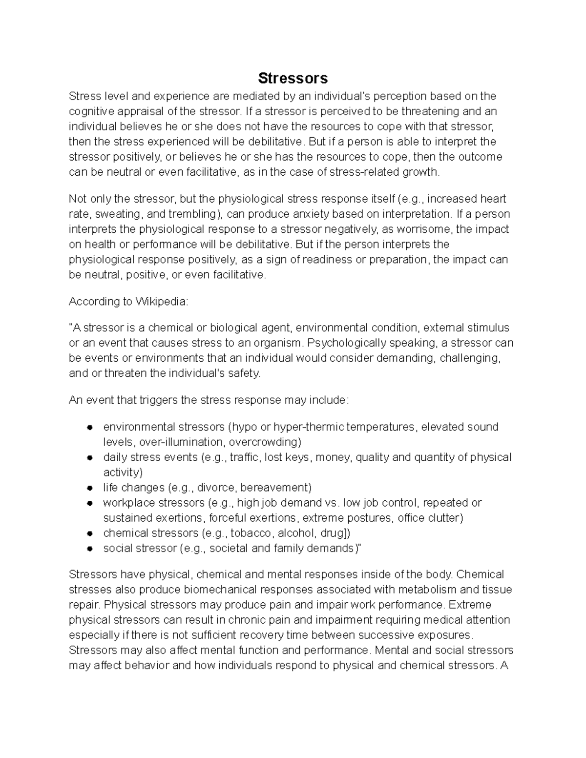 Stressors - Stressors Stress level and experience are mediated by an ...