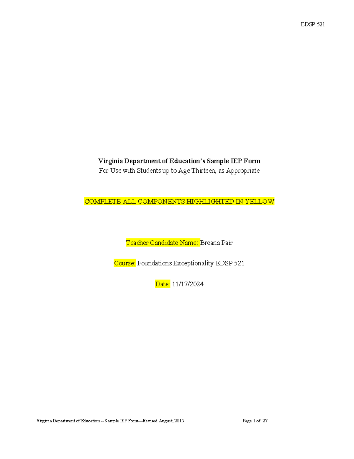 Breana Pair IEP Project Final IEP Template - Virginia Department of ...