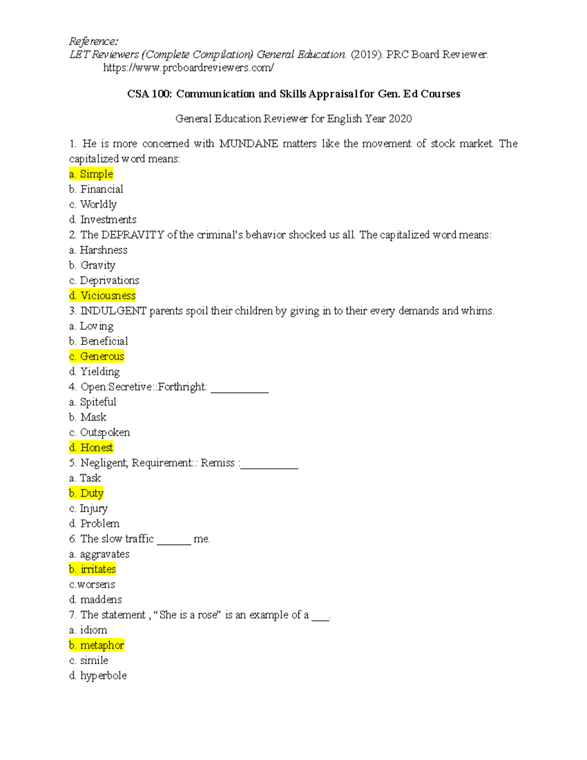 Review Questionnaire English 2020- with answer - LET Reviewers ...