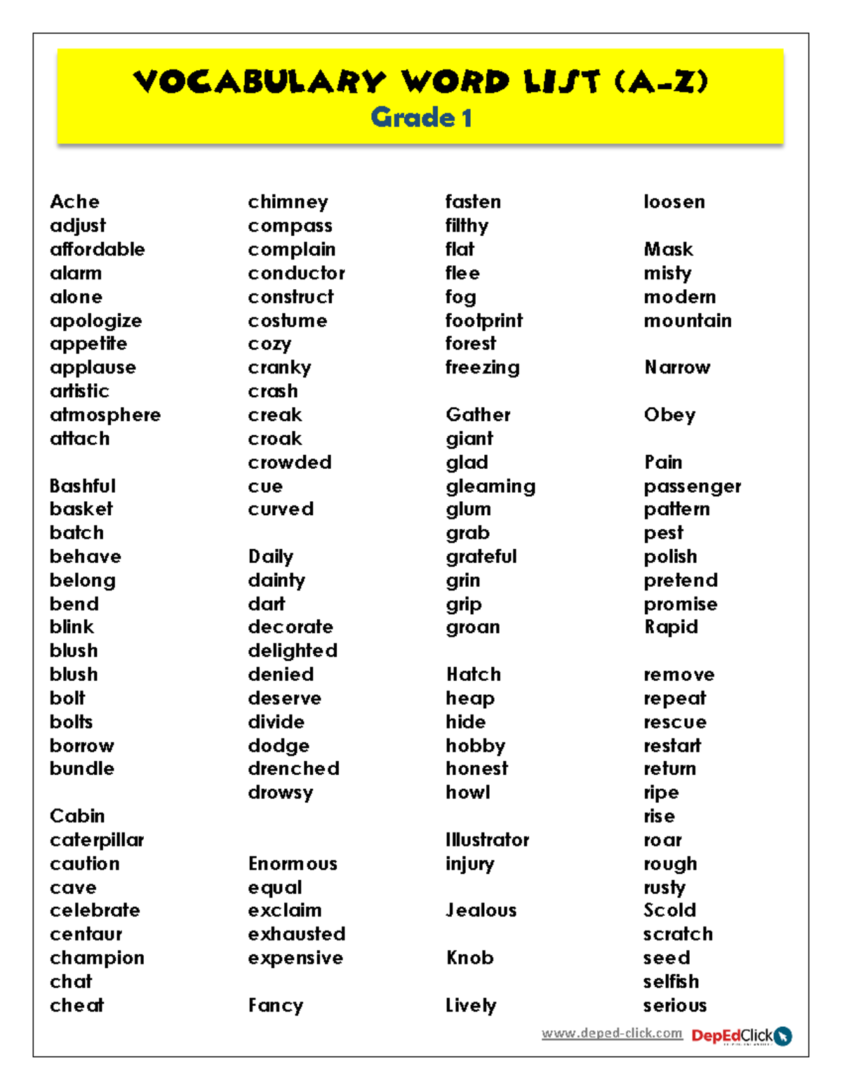 Vocabulary WORD LIST 1 - Reading material - deped-click VOCABULARY WORD ...