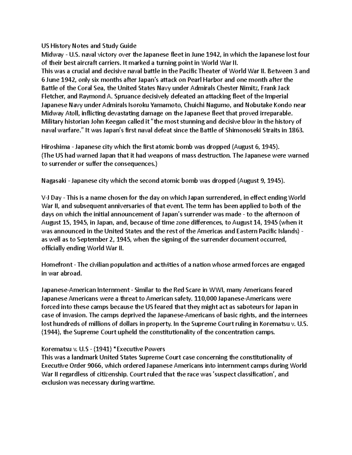 US History Notes and Study Guide - naval victory over the Japanese ...