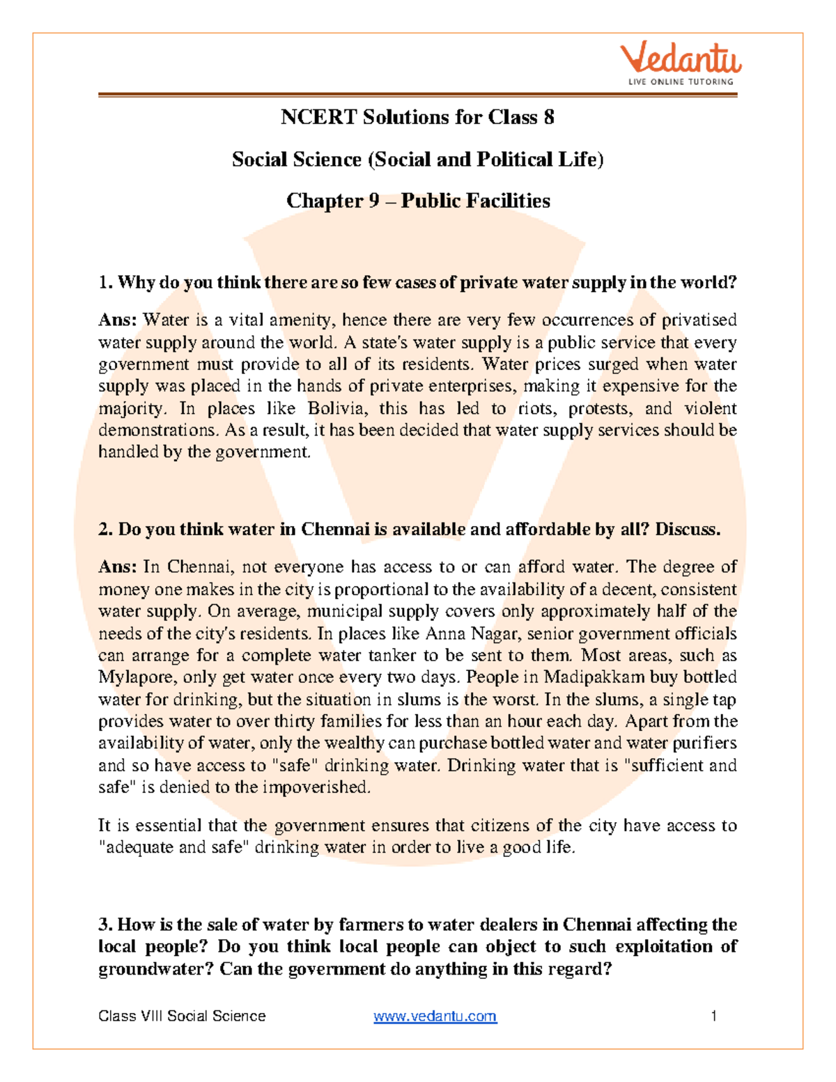 Public Facilities - Class VIII Social Science vedantu 1 NCERT Solutions ...