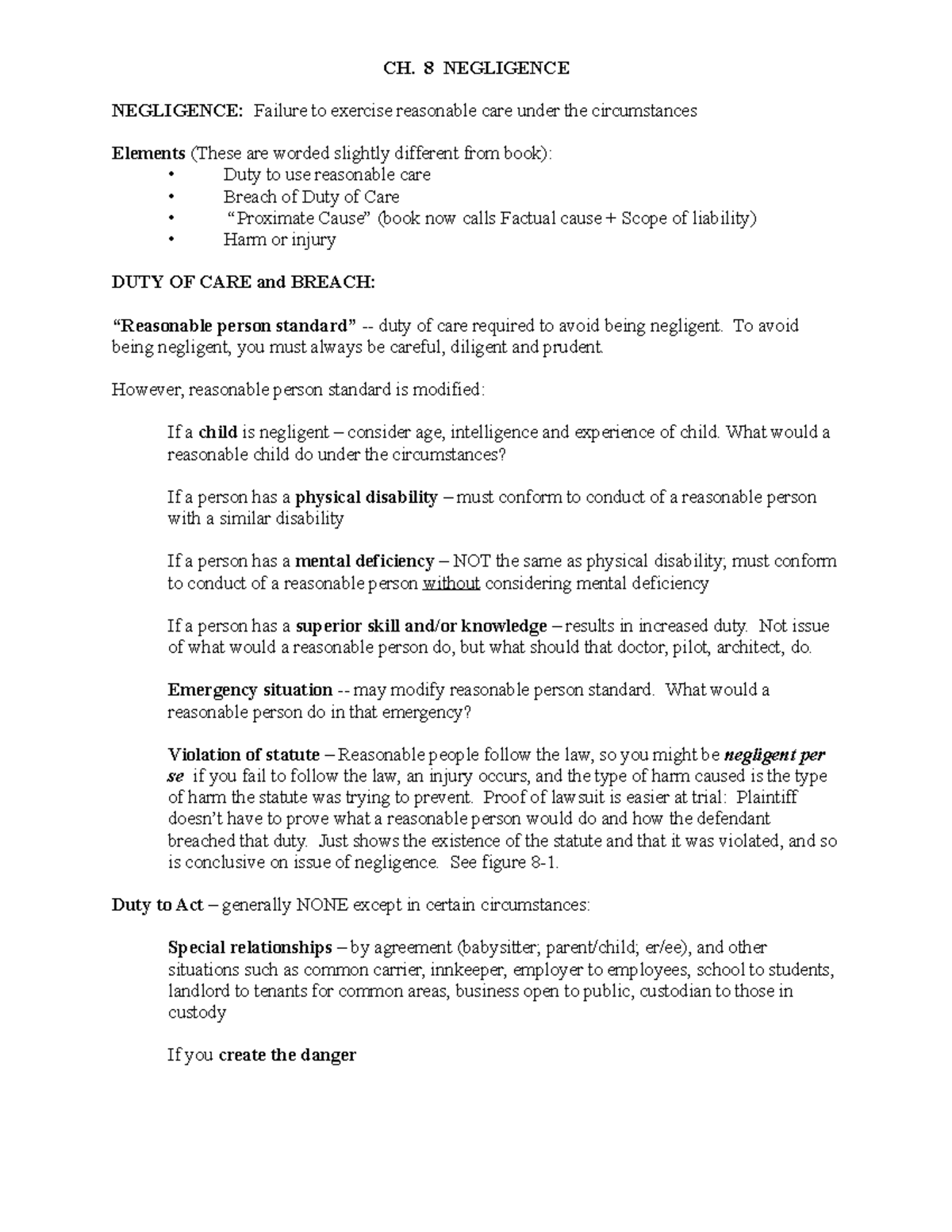 Ch 8 - Negligence-1 - Study Guide - CH. 8 NEGLIGENCE NEGLIGENCE ...