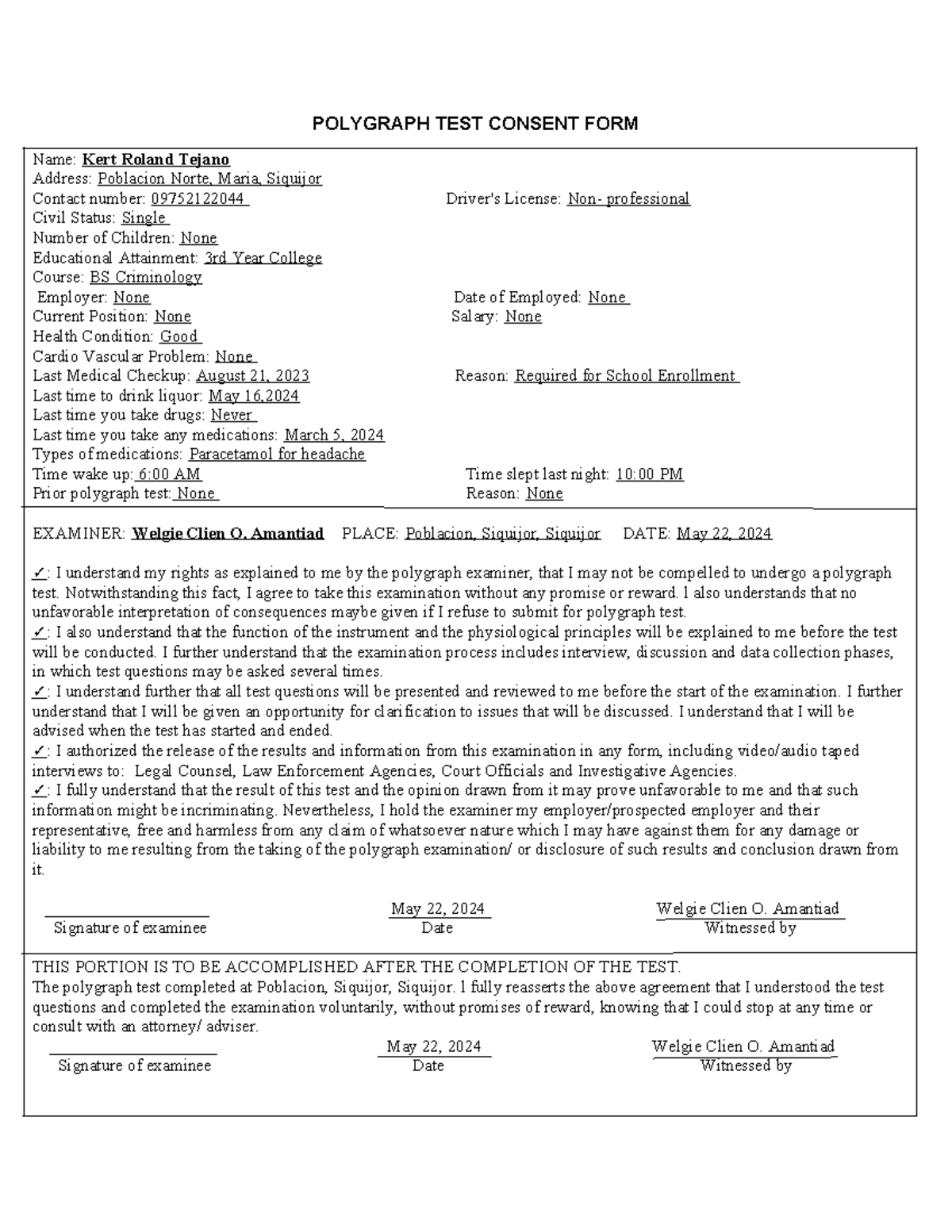 Polygraph TEST Consent FORM - POLYGRAPH TEST CONSENT FORM Name: Kert ...