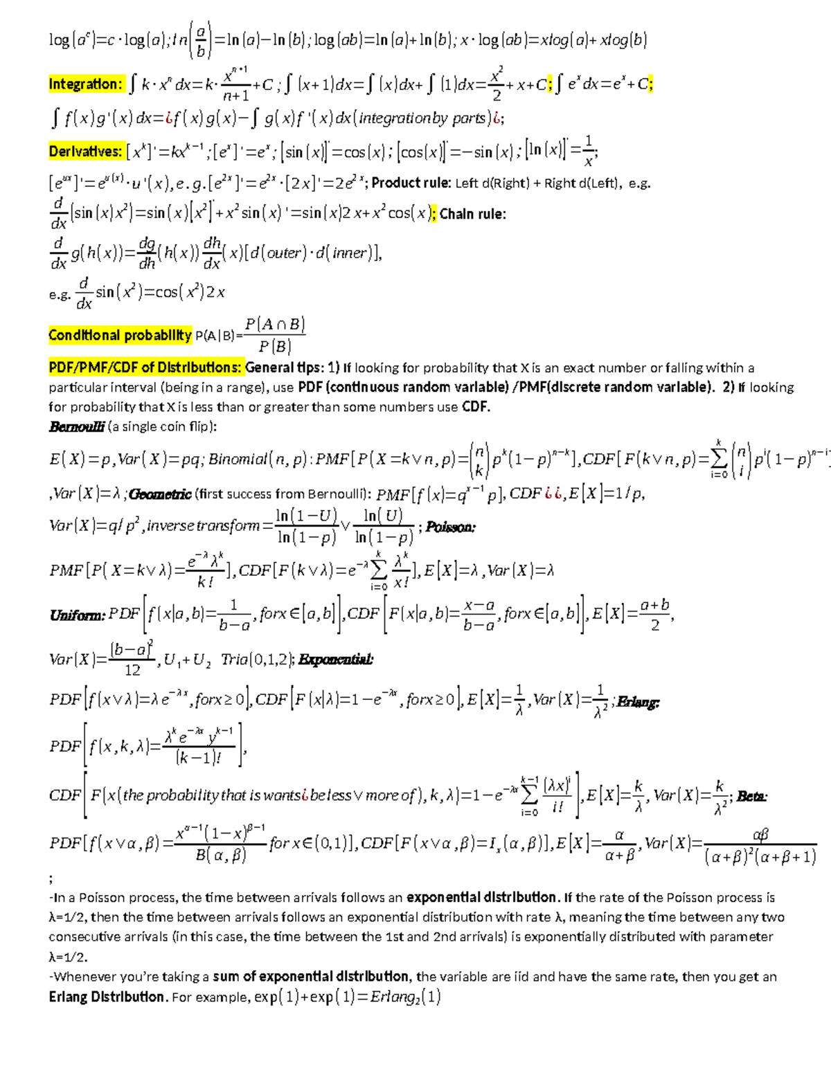 Simulation Exam2 note - Exam Note - log ( a c ) =c ∙ log ( a ) ;l n ( a ...