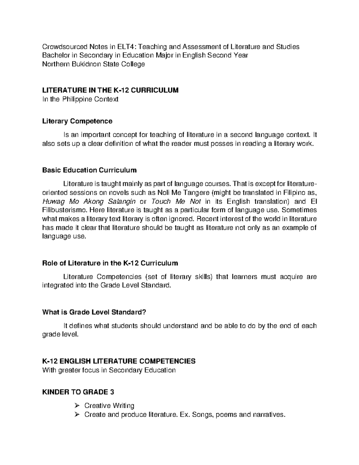 Literature IN THE K-12 Curriculum - Crowdsourced Notes in ELT4 ...