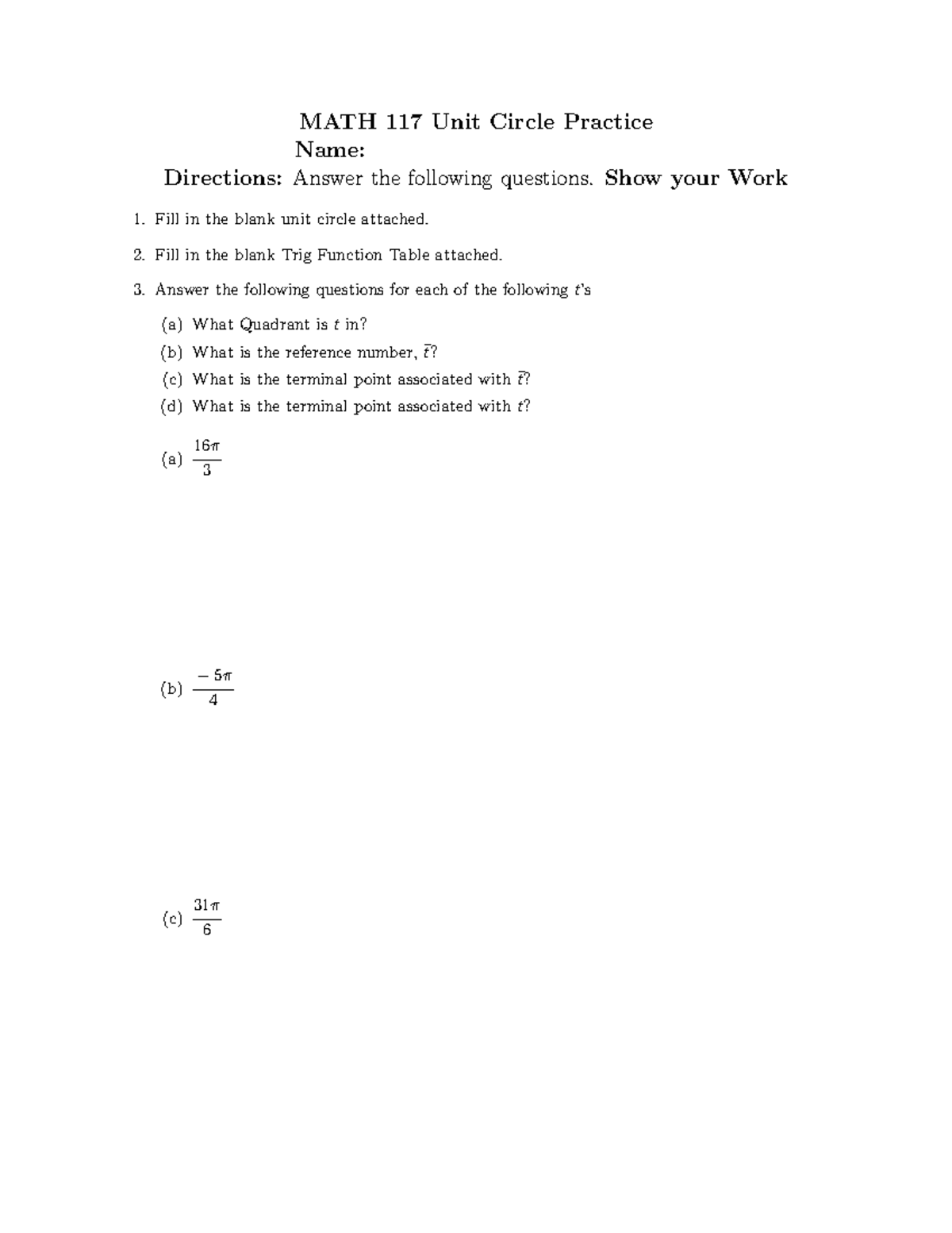 Trig-Worksheet practice - MATH 117 Unit Circle Practice Name ...