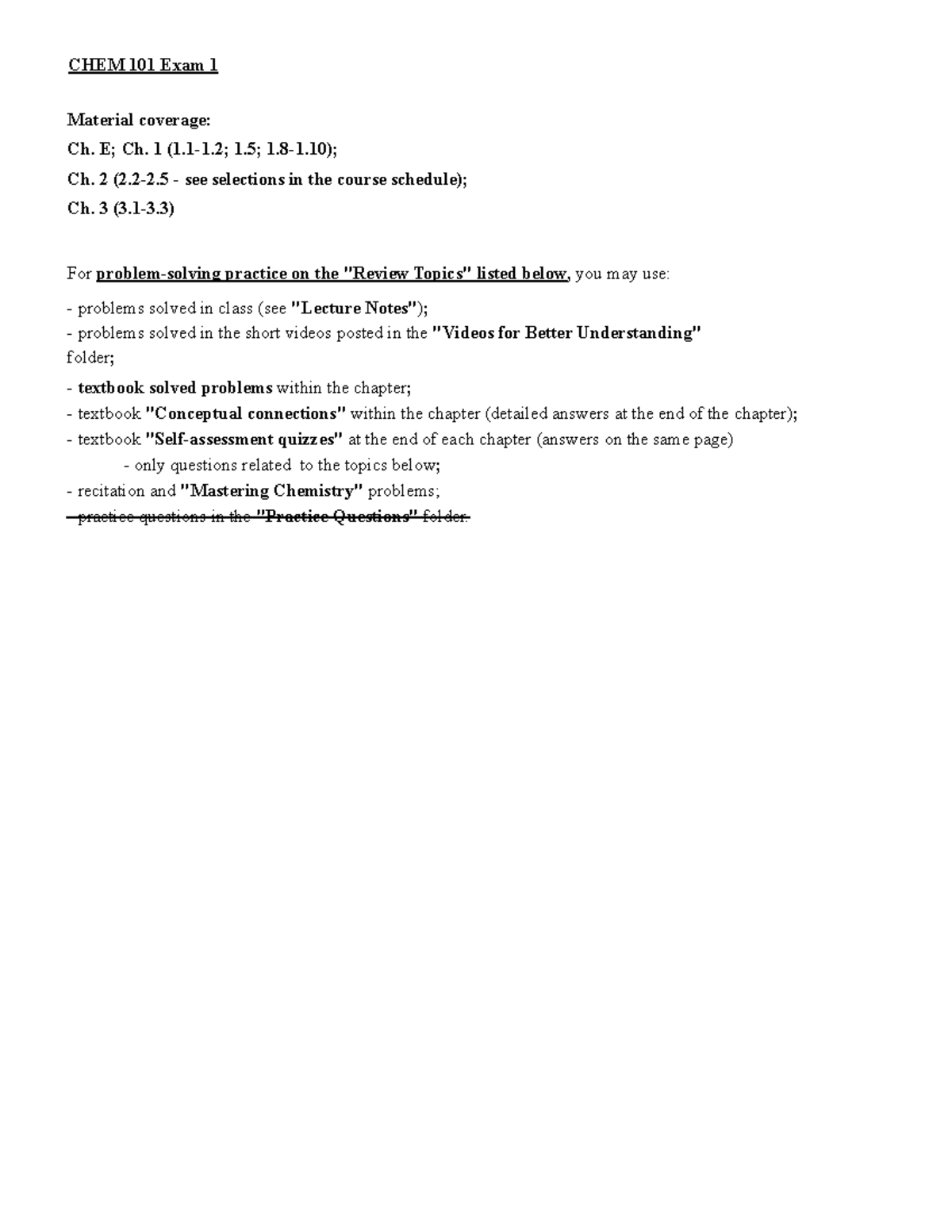 Review Topics CHEM 101 F20 Exam I - CHEM 101 Exam 1 Material coverage: Ch. E; Ch. 1 (1.1-1; 1 ...