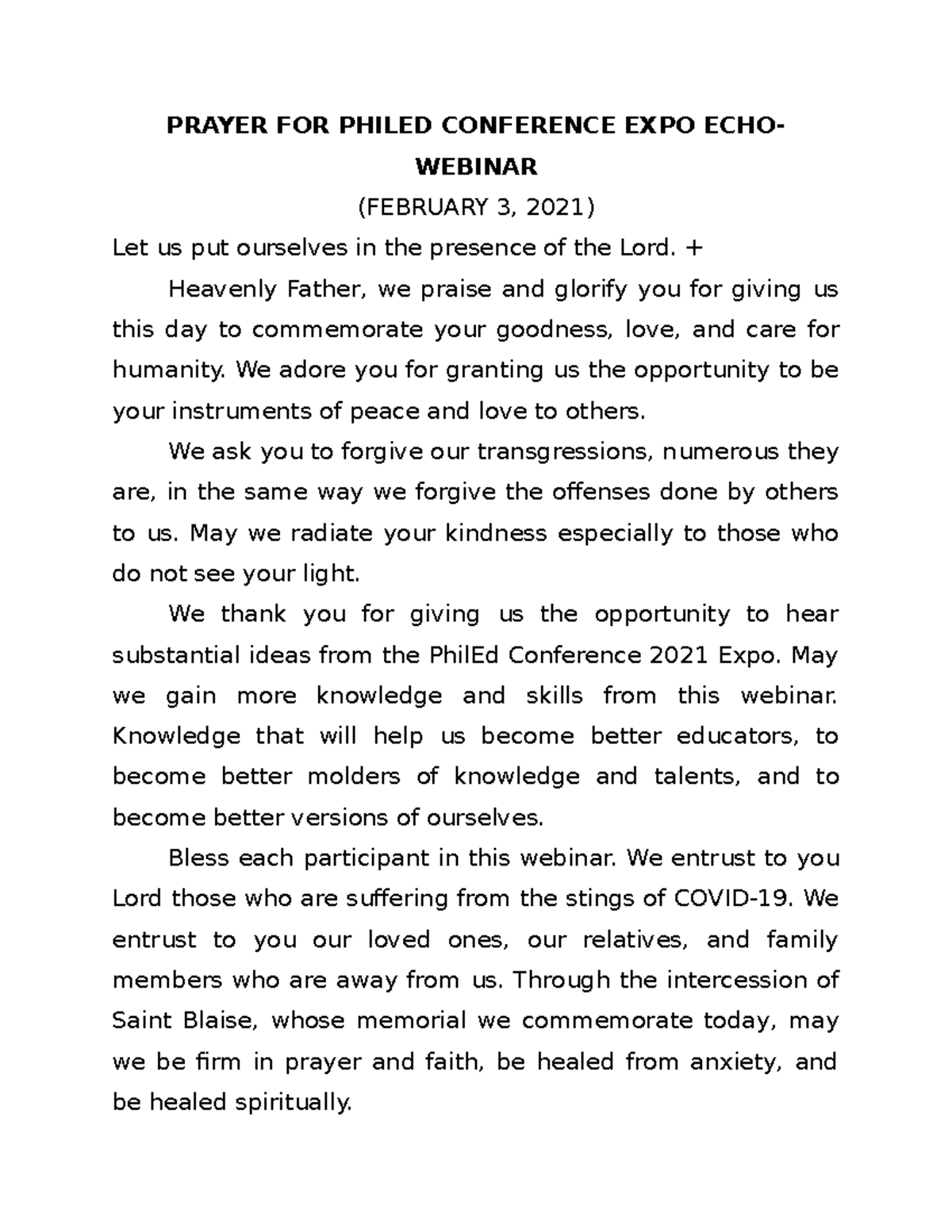 Prayer FOR Philed Conference EXPO ECHO - PRAYER FOR PHILED CONFERENCE ...