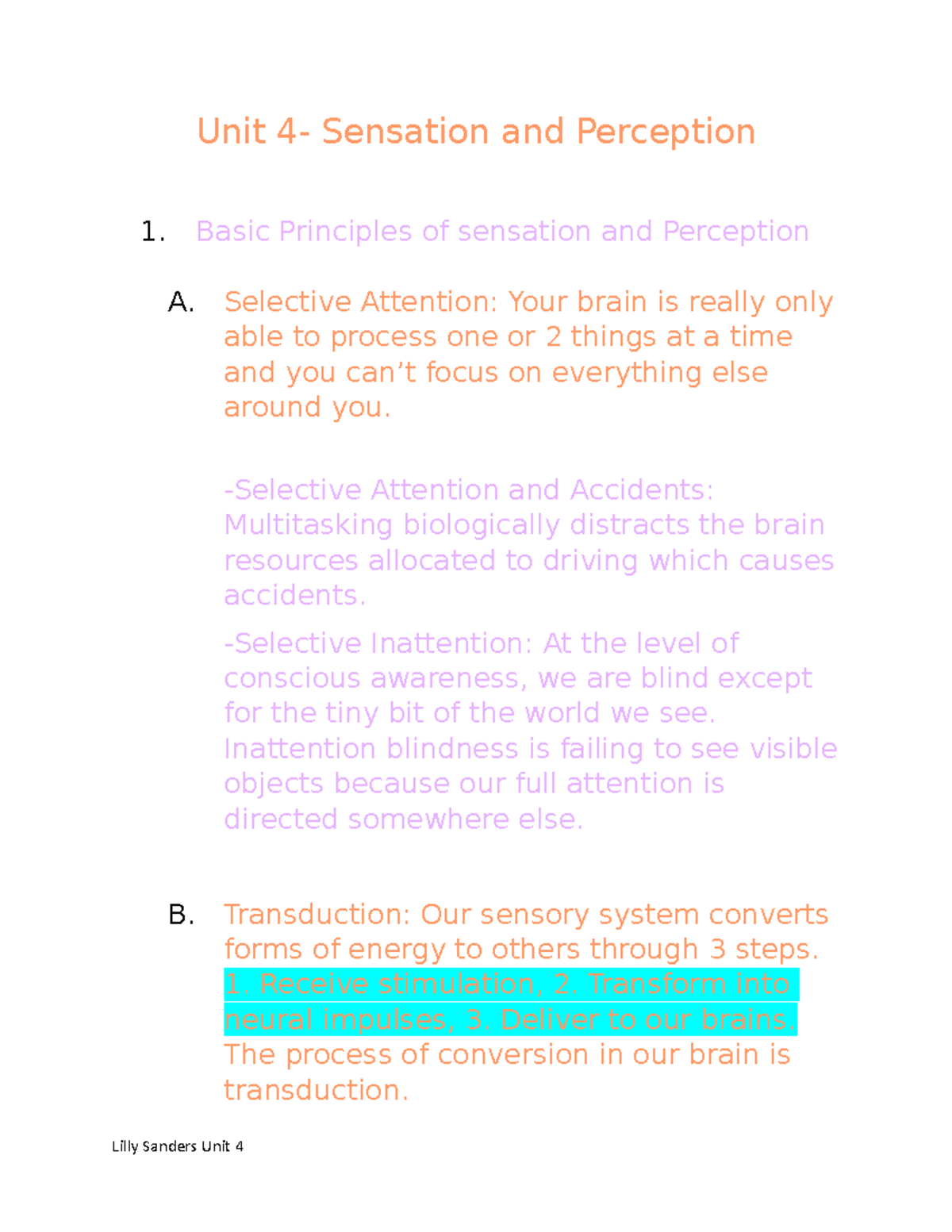 Unit 4 outline Myers Psycholoy - Unit 4- Sensation and Perception 1 ...