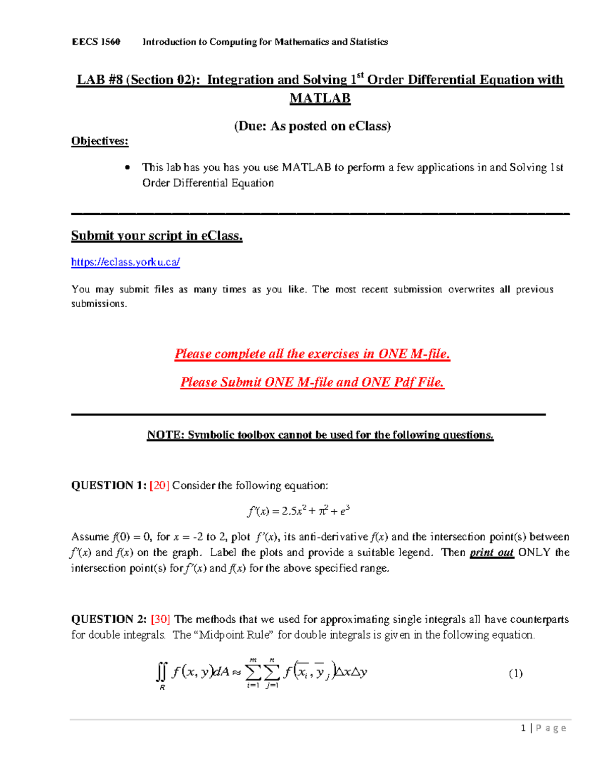 Lab8 for EECS1560 - LAB #8 (Section 02): Integration and Solving 1st Order Differential Equation ...