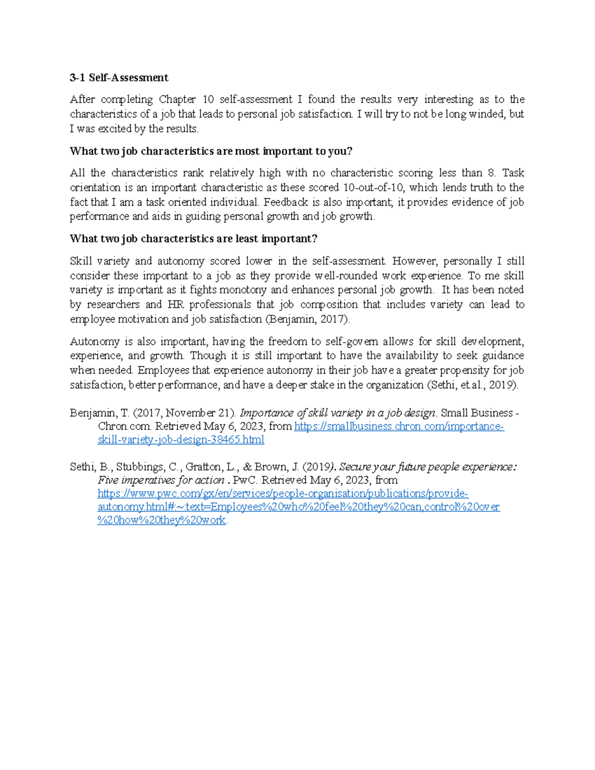 OL600-3-1 Self-Assessment.Job Characteristics - 3-1 Self-Assessment ...