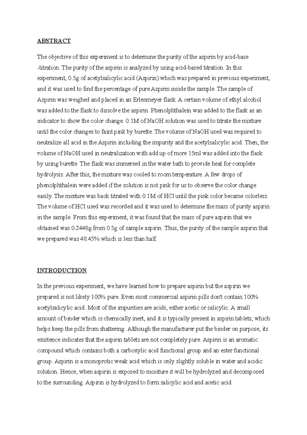 Analysis OF Aspirin - ABSTRACT The objective of this experiment is to ...