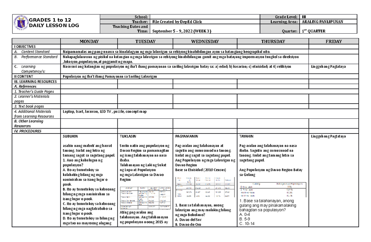 DLL Araling Panlipunan 3 Q1 W3 - GRADES 1 to 12 DAILY LESSON LOG School ...