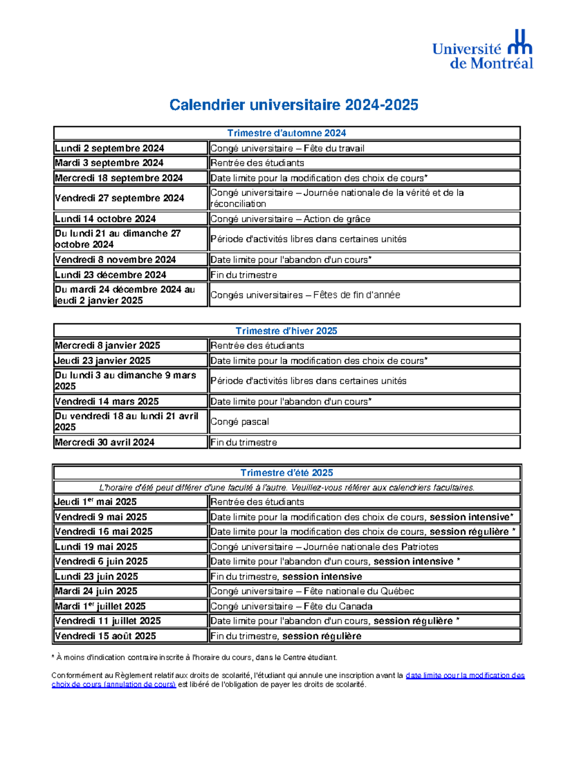 2024-2025 calendrier - llll - Calendrier universitaire 202 4 - 2025 Trimestre d'automne 20 24 ...