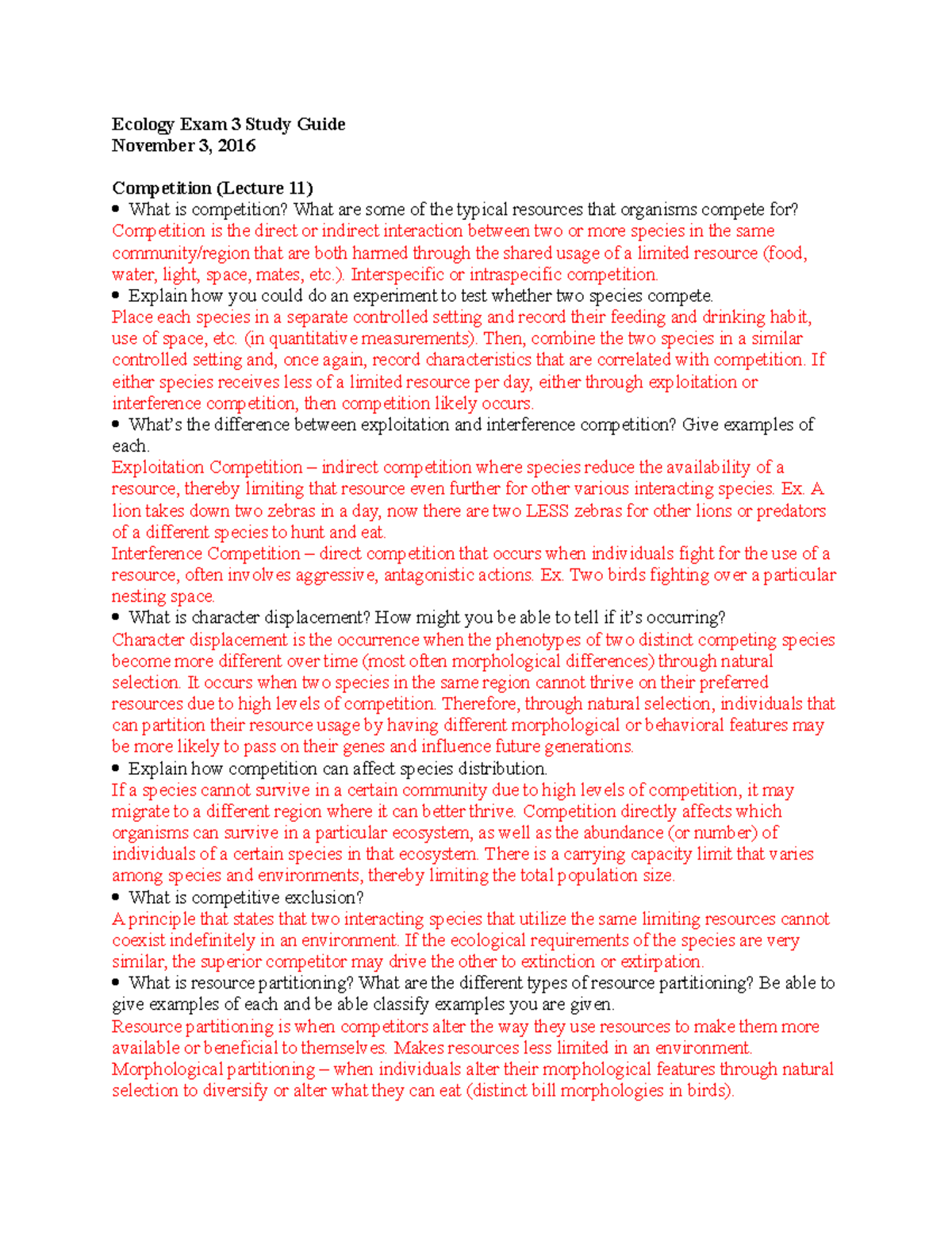Exam 3 Study Guide - Ecology Exam 3 Study Guide November 3, 2016 ...