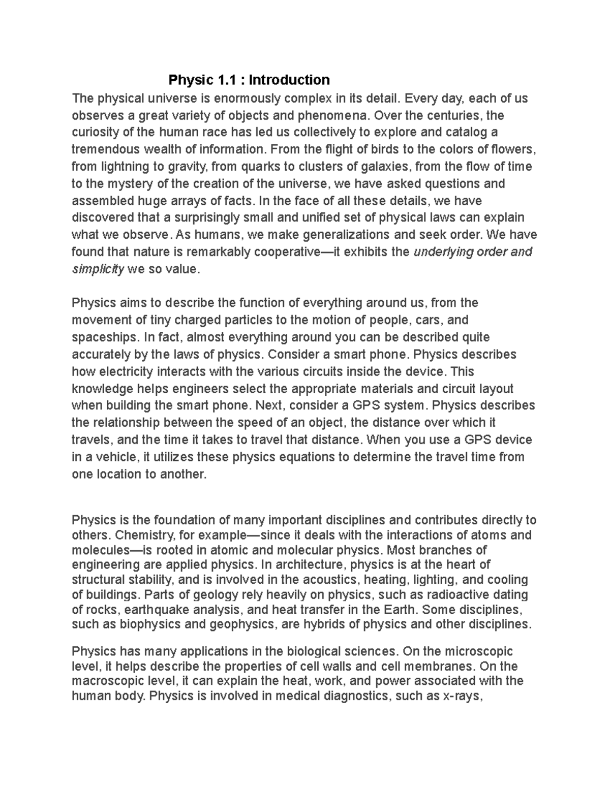 Physic Intro - Physic 1 : Introduction The physical universe is ...