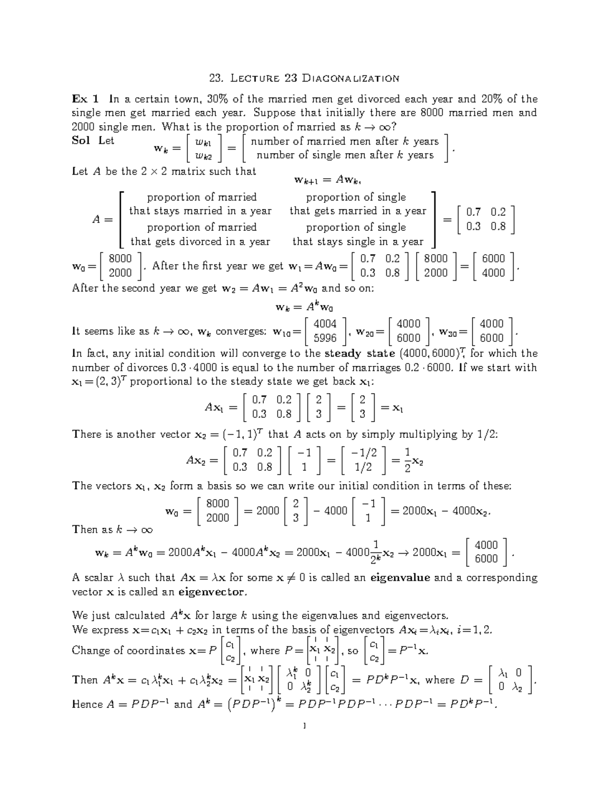 7.1. Diagonalization - linear algebra lecture note with Professor Lindblad - Lecture 23 - Studocu