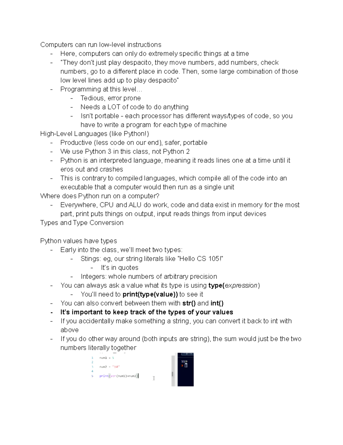 CS105 notes 2 - Computers can run low-level instructions - Here ...