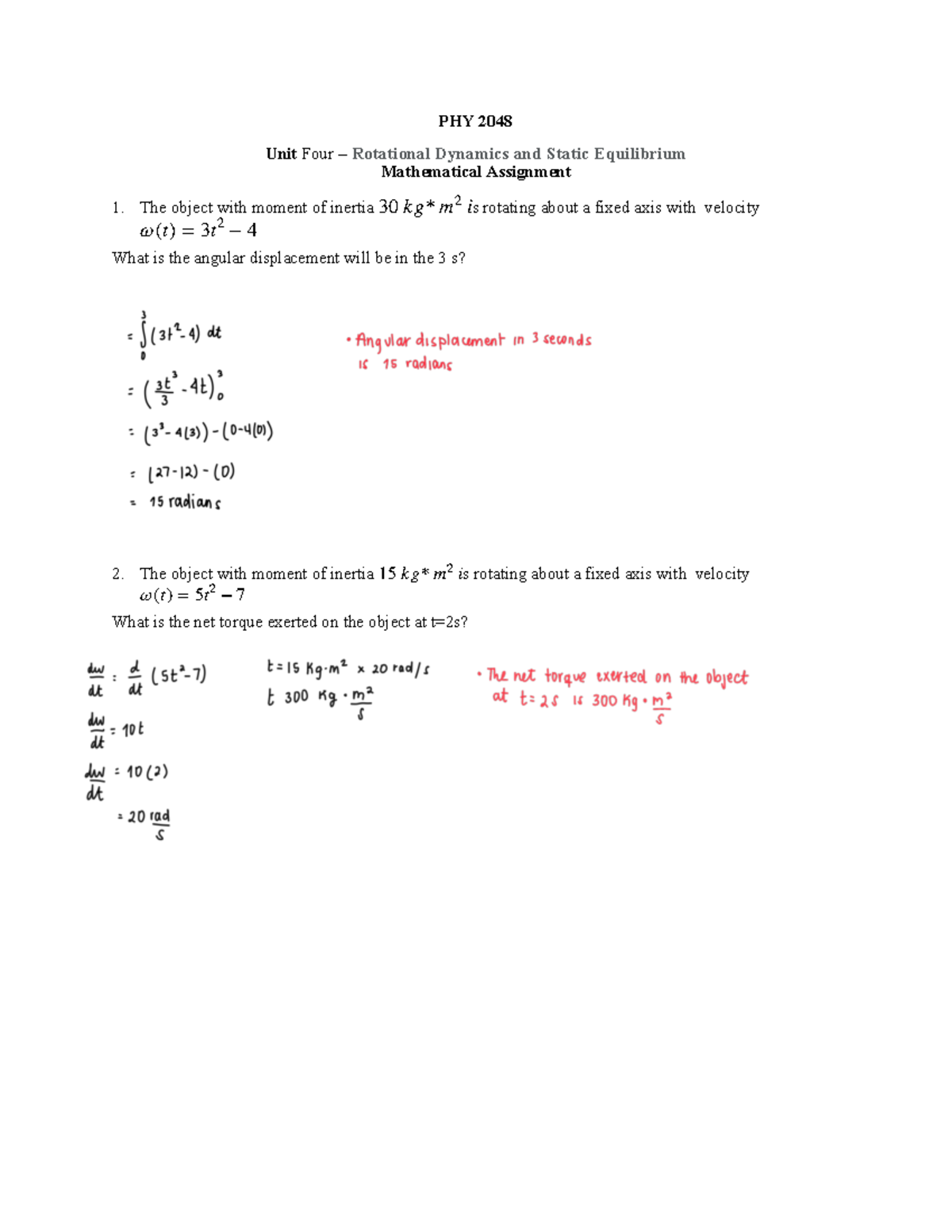 Unit four Physics assigment - PHY 2048 Unit Four – Rotational Dynamics ...