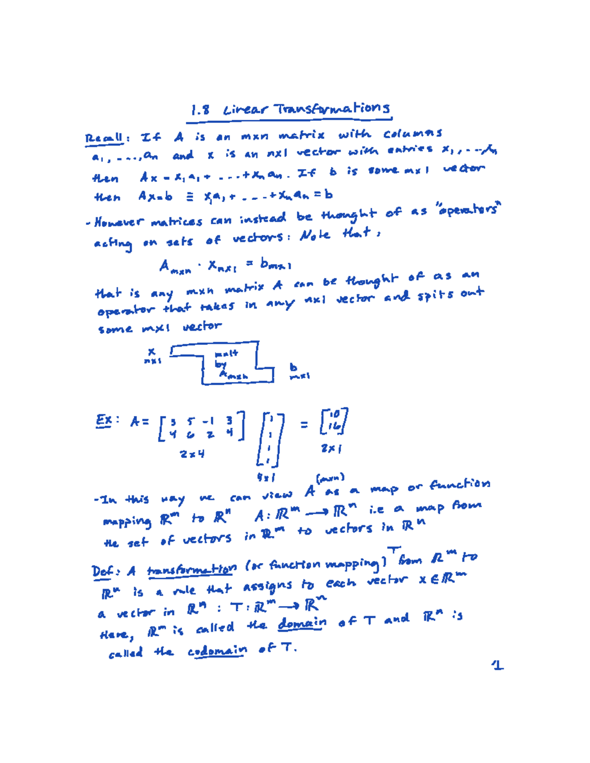 Linear Transformations - a IIt am ai ian and x is an nxt vector with entries xp hn then Ax b I ...