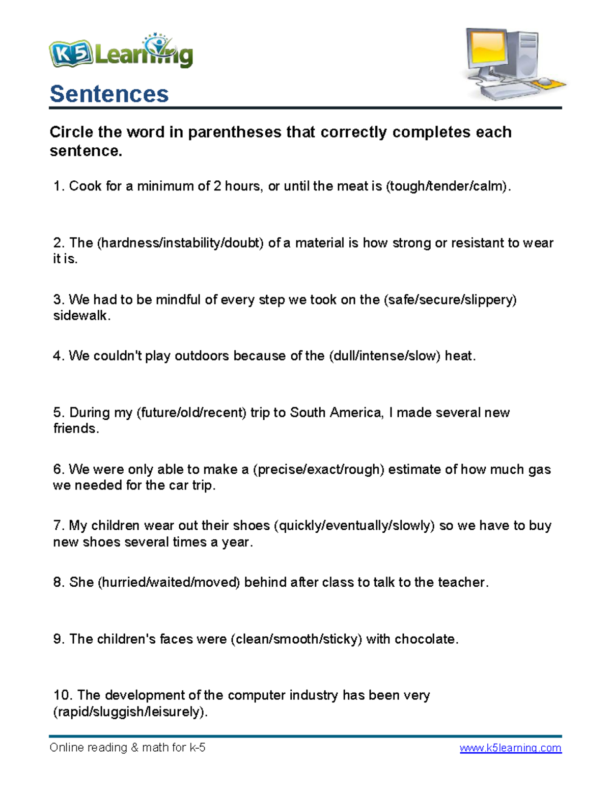 Grade 4 sentences 1 - Sentences Online reading & math for k-5 ...