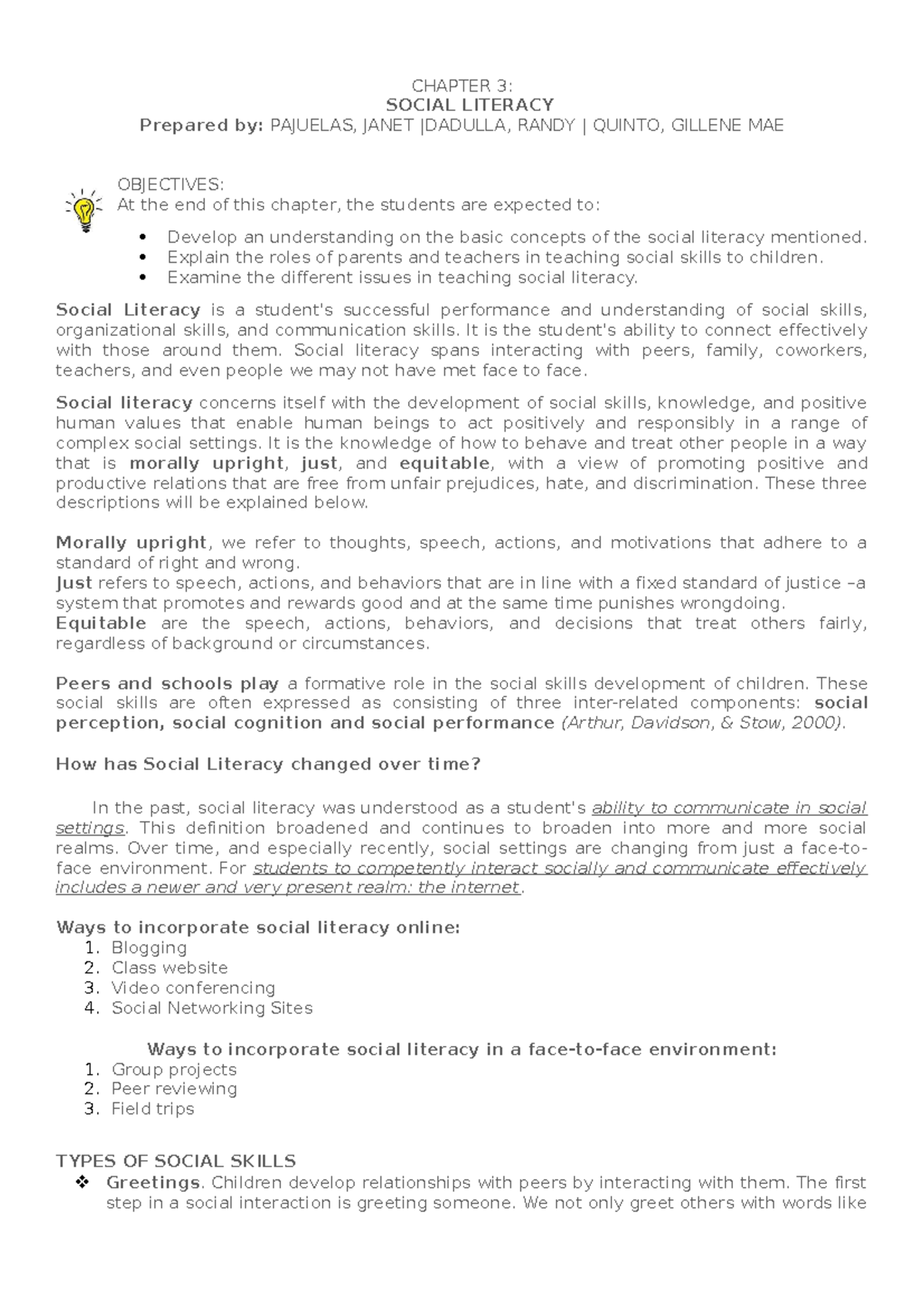 Social Literacy Notes - CHAPTER 3: SOCIAL LITERACY Prepared by ...
