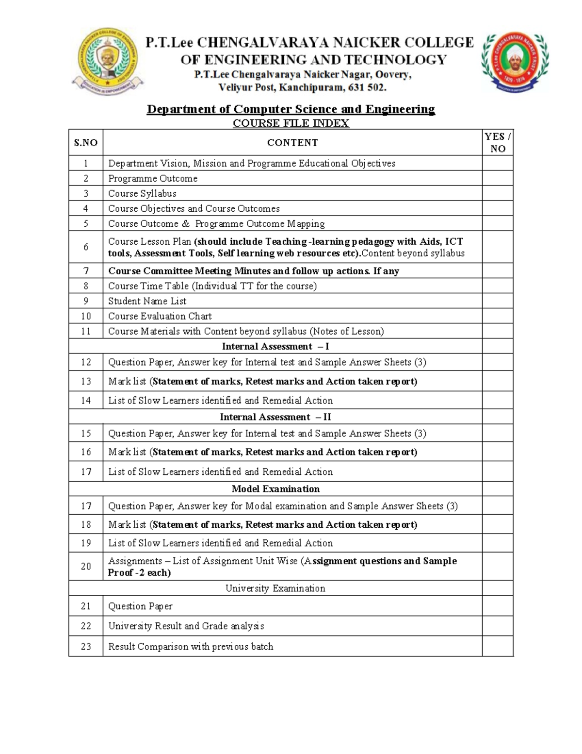 Course File - Department of Computer Science and Engineering COURSE ...