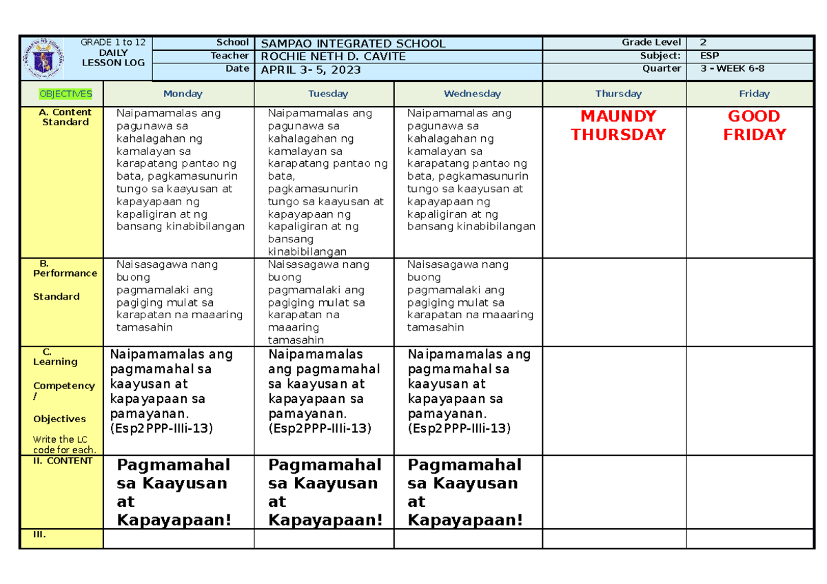WEEK6 8 dll ESP - reviewer - GRADE 1 to 12 DAILY LESSON LOG School ...