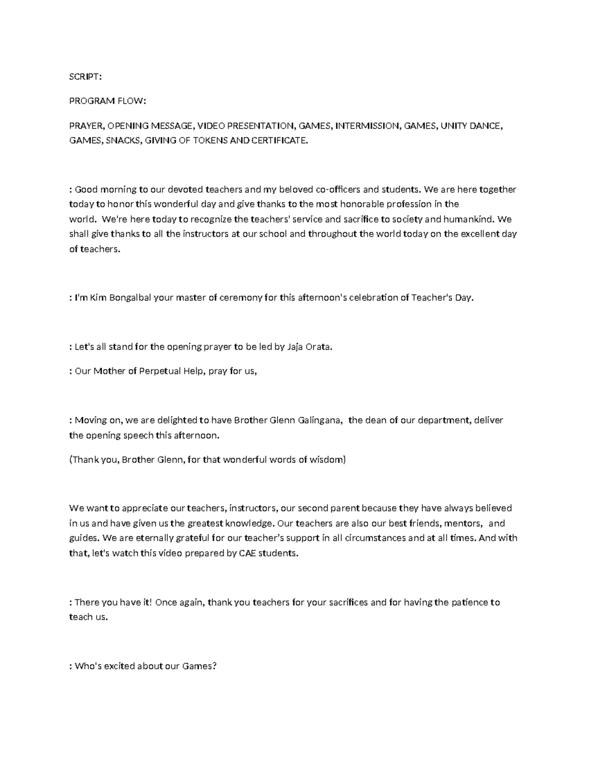 Script- Teachers-DAY - SCRIPT: PROGRAM FLOW: PRAYER, OPENING MESSAGE ...