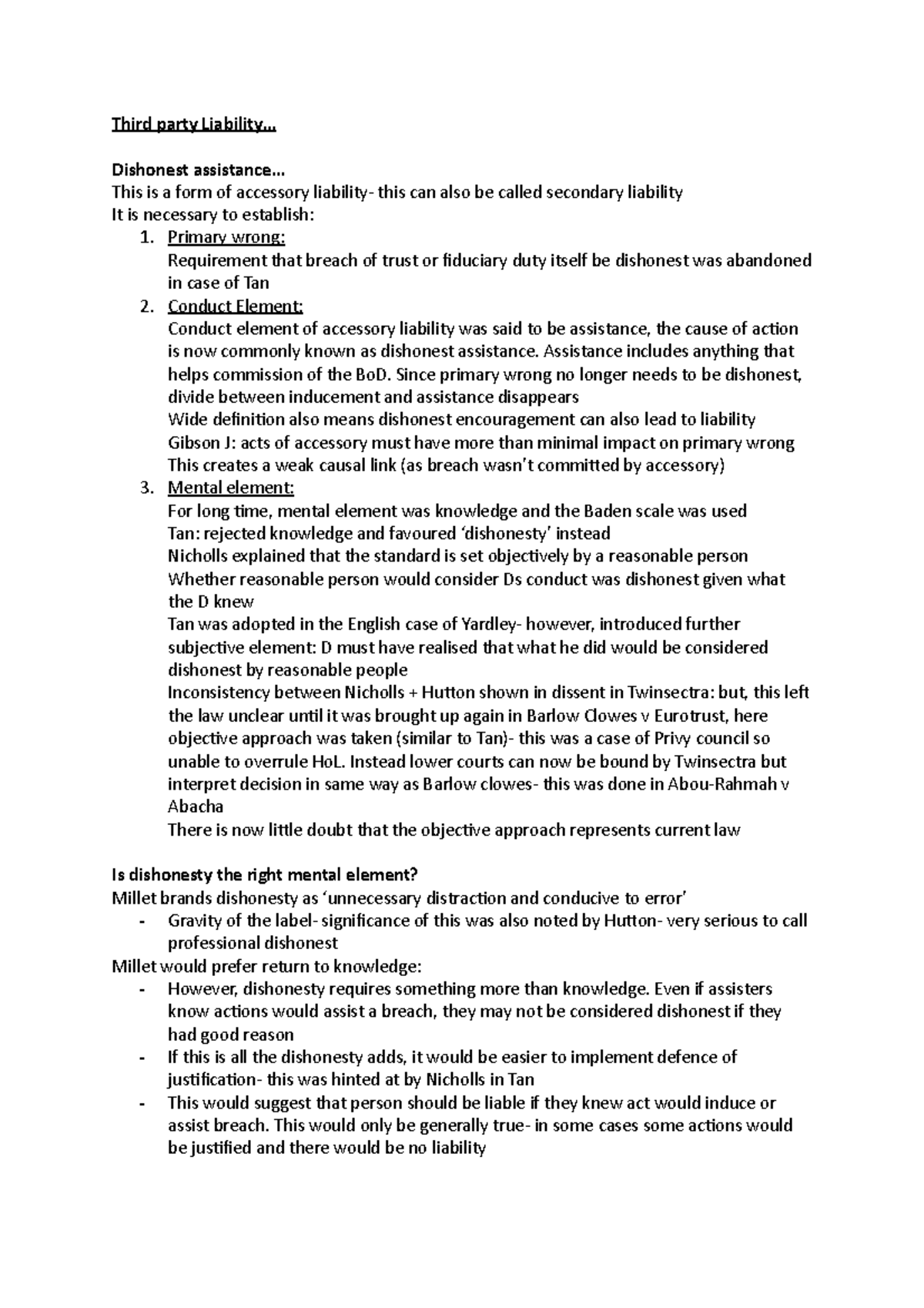 Third party Liability - .. Dishonest assistance... This is a form of ...