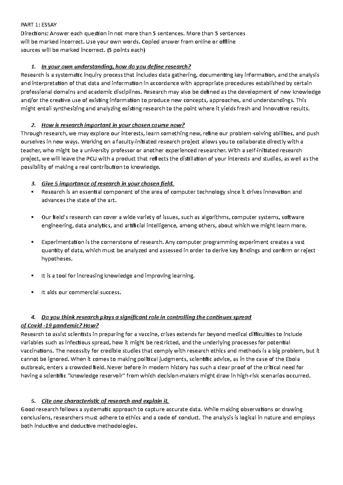 Final TERM Examination - PART 1: ESSAY Directions: Answer each question ...