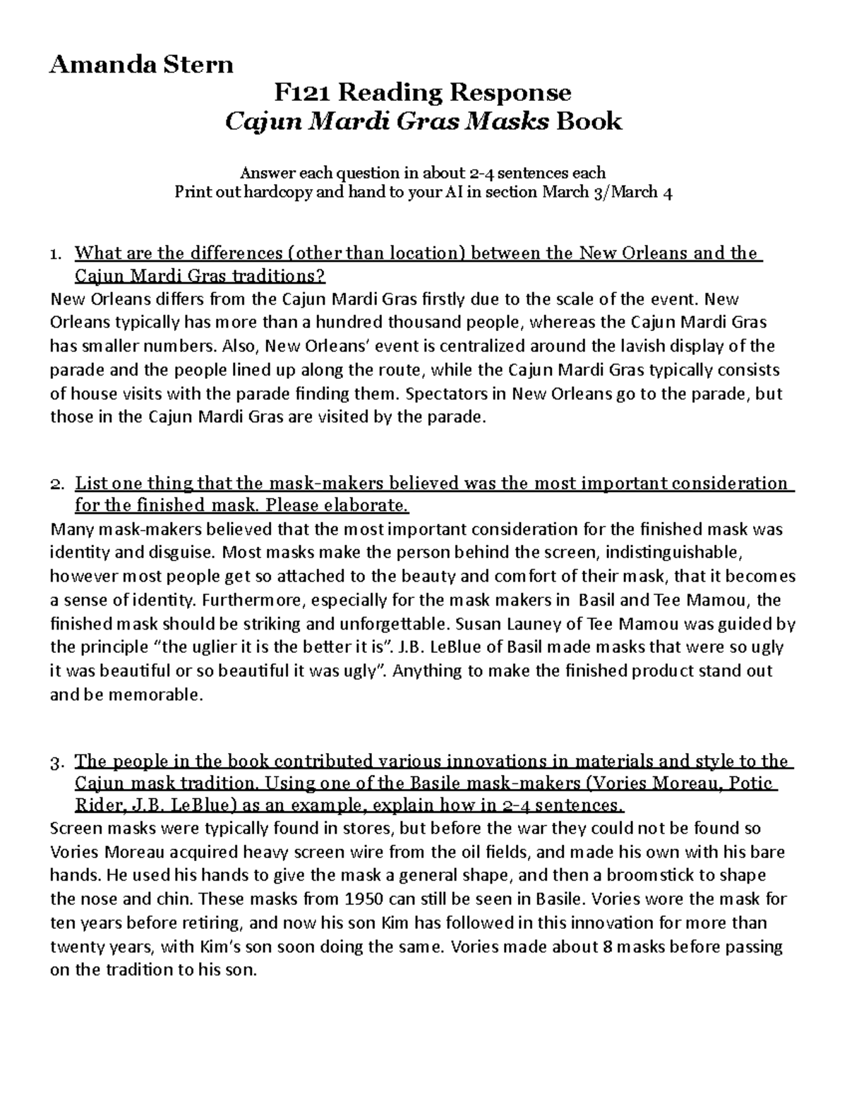 Reading Response Cajun MArdi Gras - Amanda Stern F121 Reading Response ...