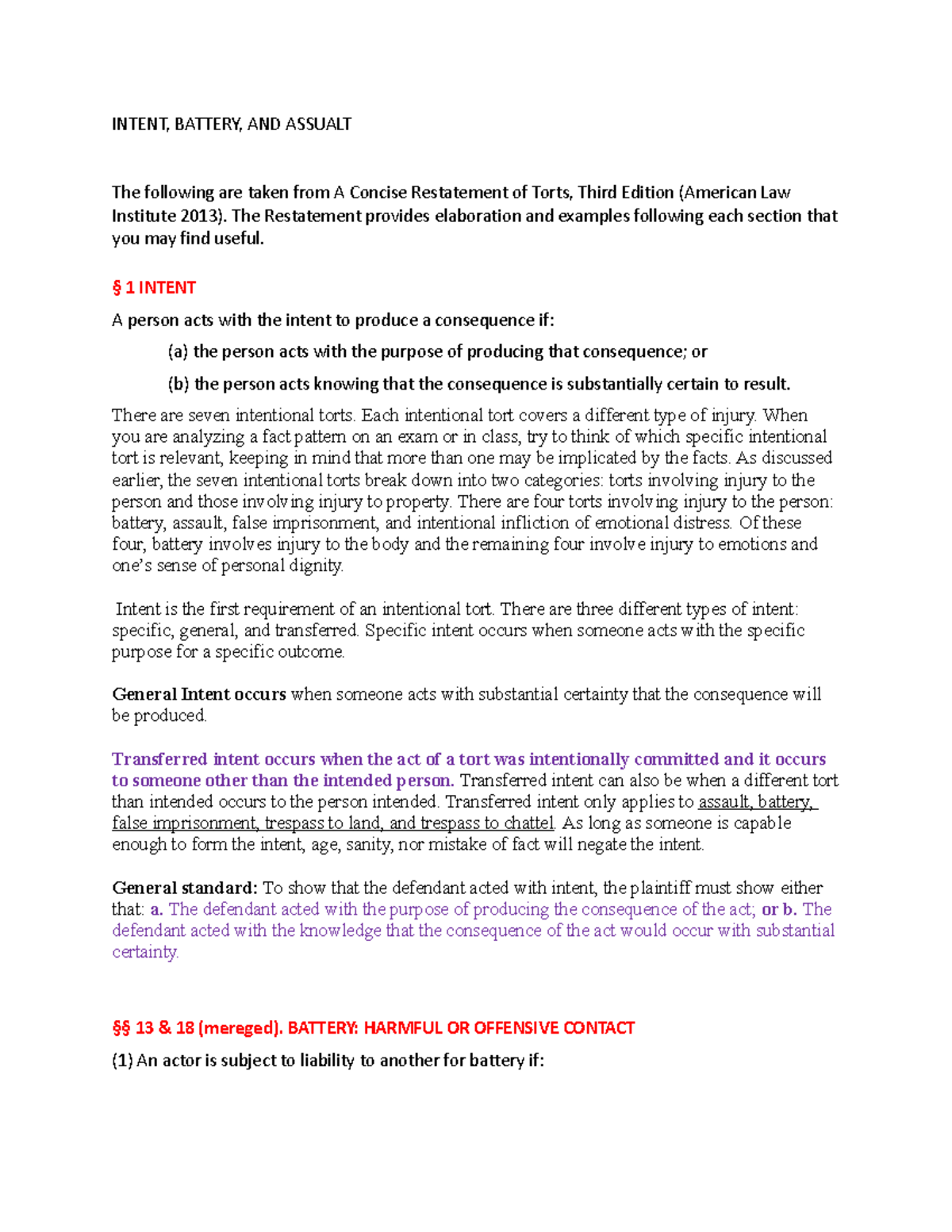 Torts I Rule Statements - INTENT, BATTERY, AND ASSUALT The following ...