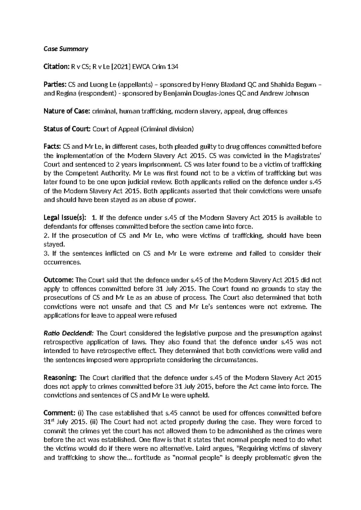 Case Summary - Case Summary Citation: R v CS; R v Le [2021] EWCA Crim ...