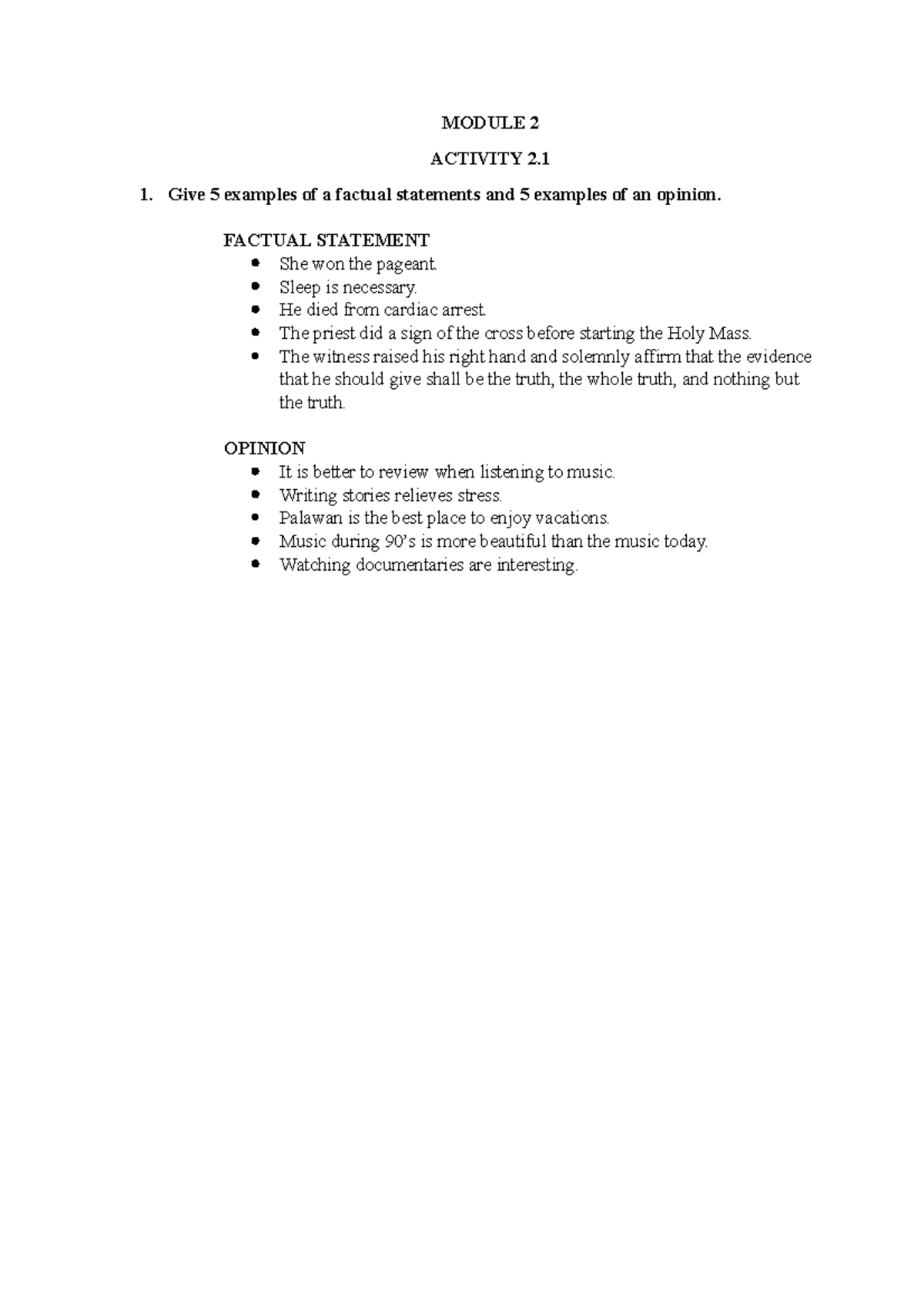 Module 2 Philosophy ACTIVITY 2 1 MODULE 2 ACTIVITY 2 1 Give 5