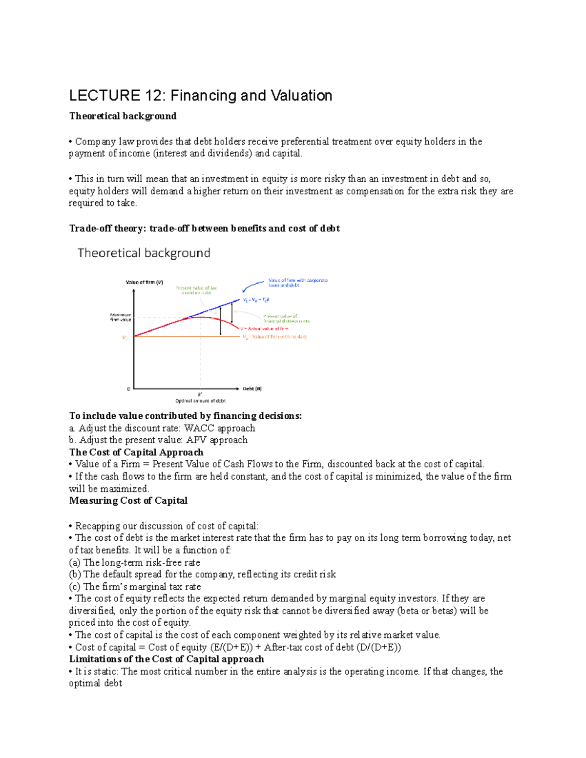 Lecture 12 - Note - LECTURE 12: Financing and Valuation Theoretical background Company law ...