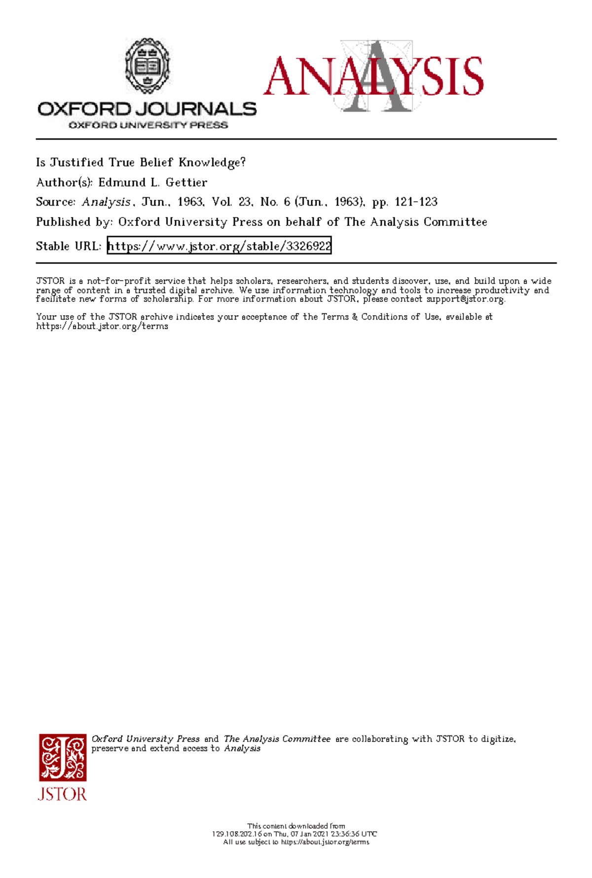 Gettier - Is knowledge jtb - Is Justified True Belief Knowledge? Author ...