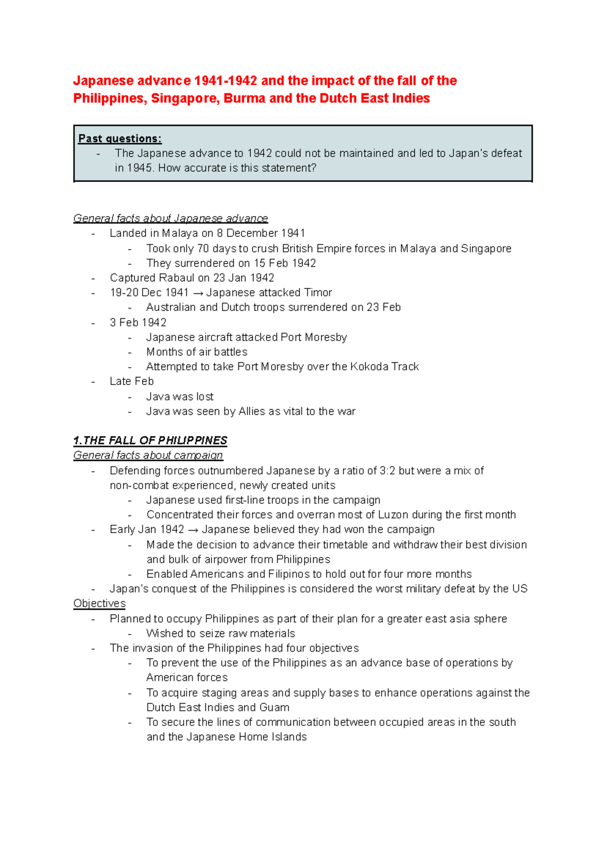 Japanese advance 1941-1942 and the impact of the fall of the ...