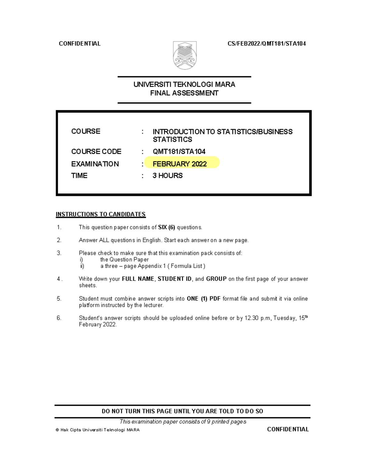 Final Assessment and Answer STA104 FEB2022 - © Hak Cipta Universiti ...